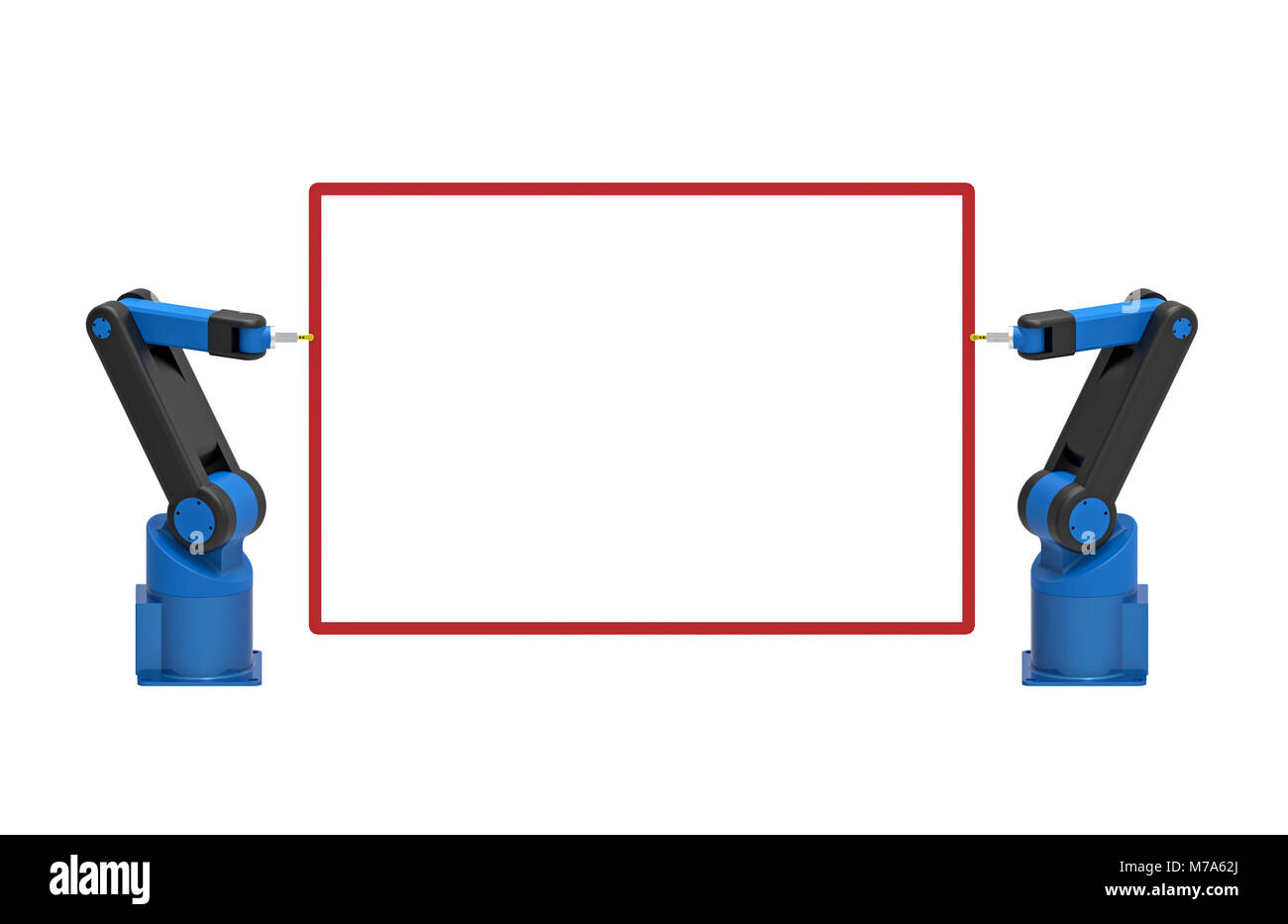 Two robots holding empty blank board, 3d rendering, on white background ...