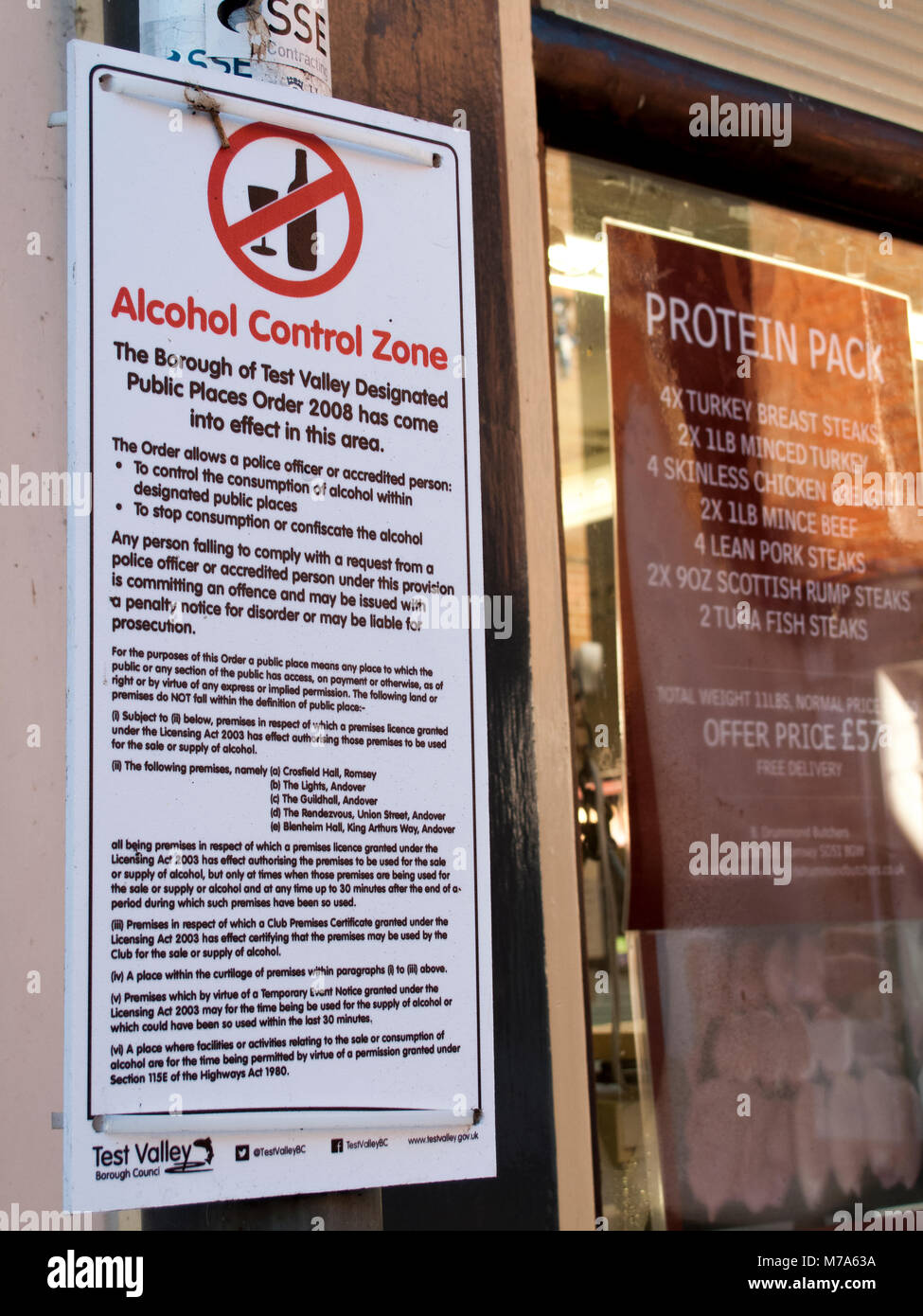 Test Valley Borough Council alcohol control zone sign in high street ...