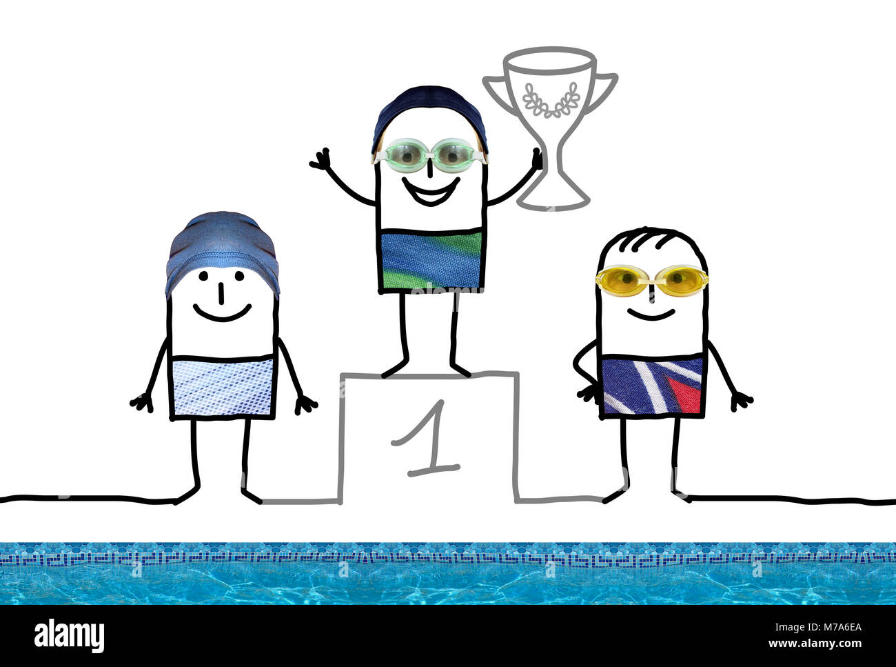 Cartoon Swimming Champion Boy on Podium with Cup Stock Photo - Alamy