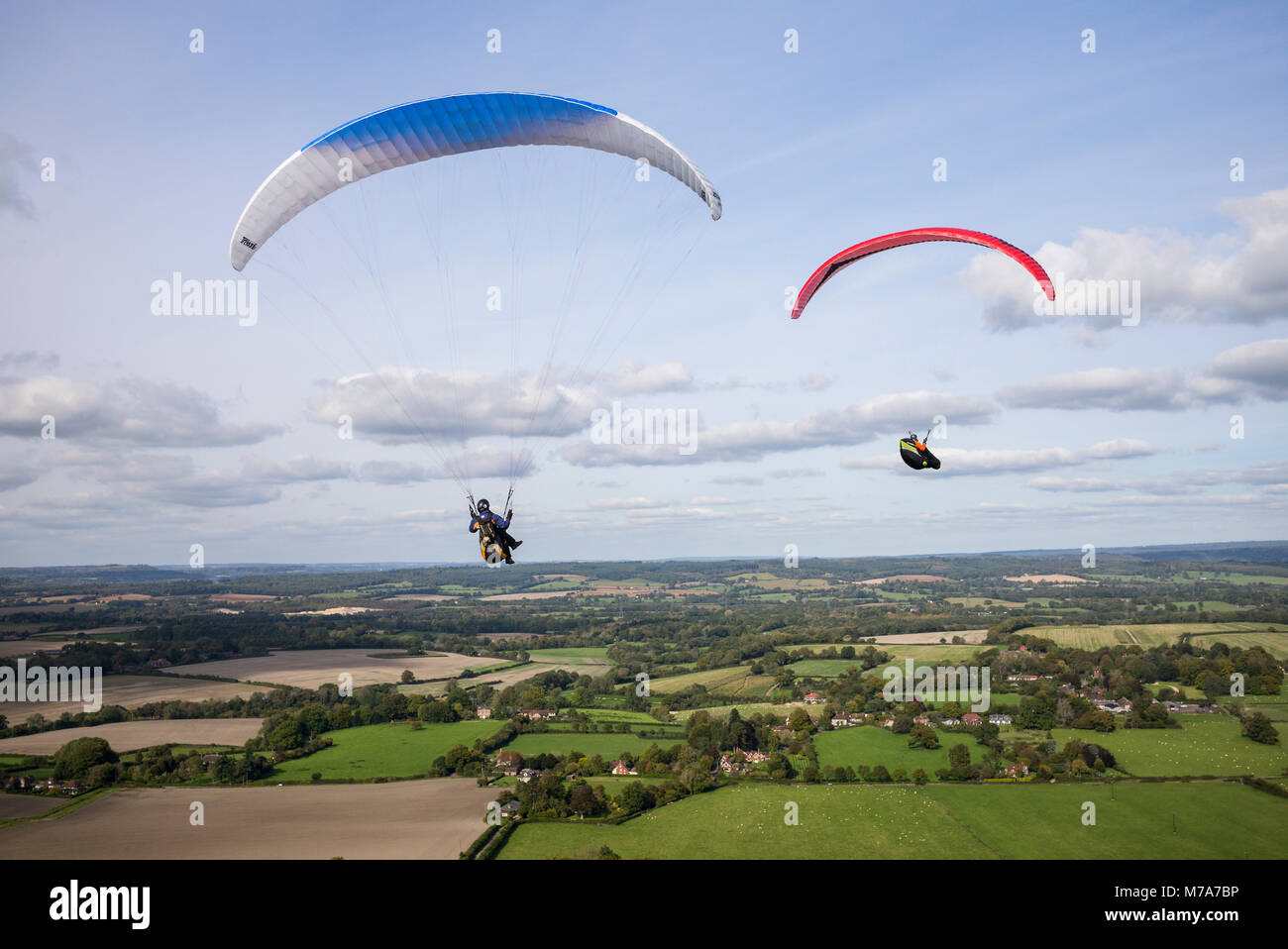 Paraglider flying above the north facing escarpment slope on Harting ...