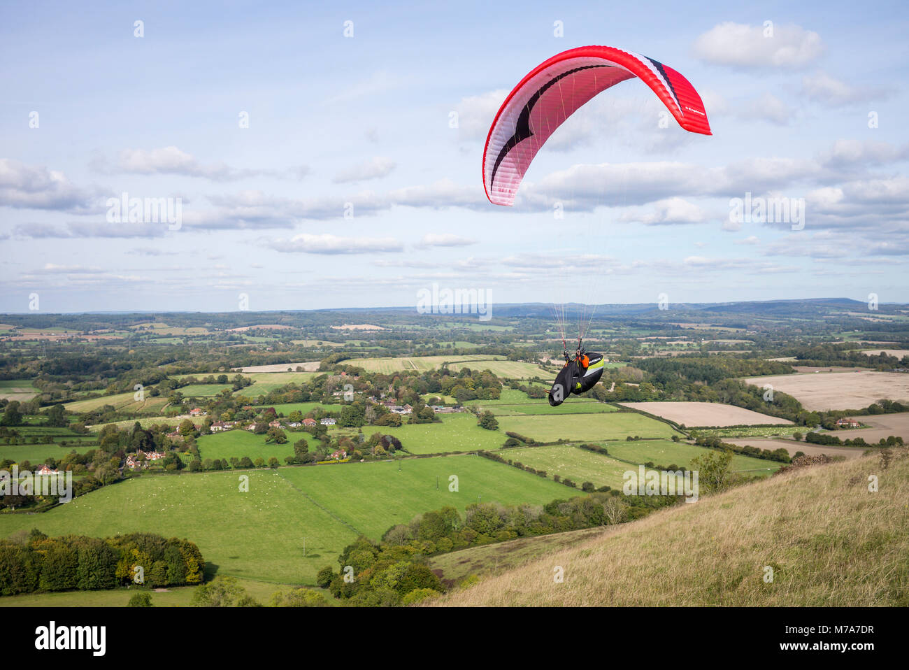 Paraglider flying above the north facing escarpment slope on Harting ...