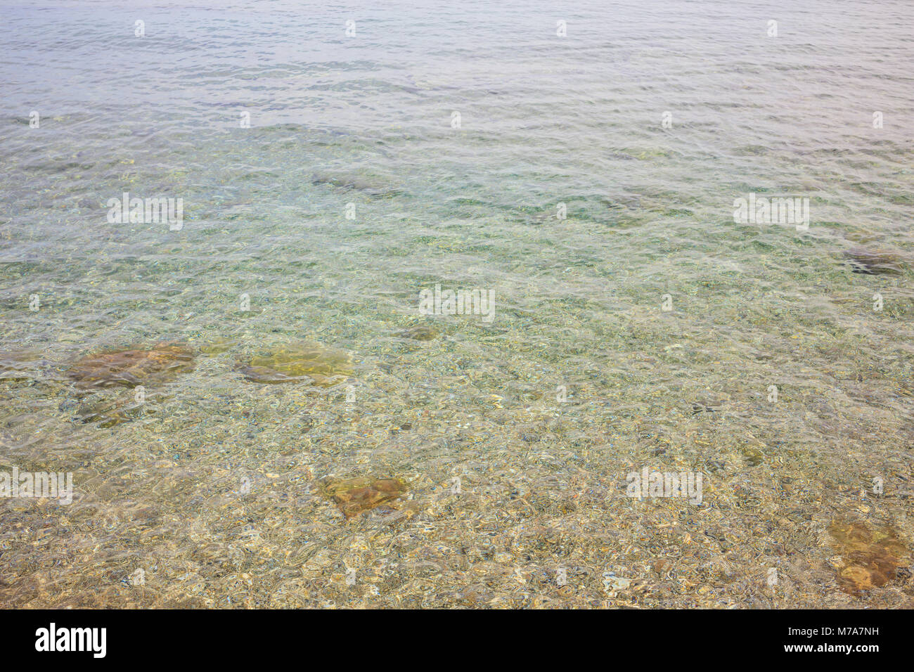 Clear transparent sea surface background. Shallow water, above view ...