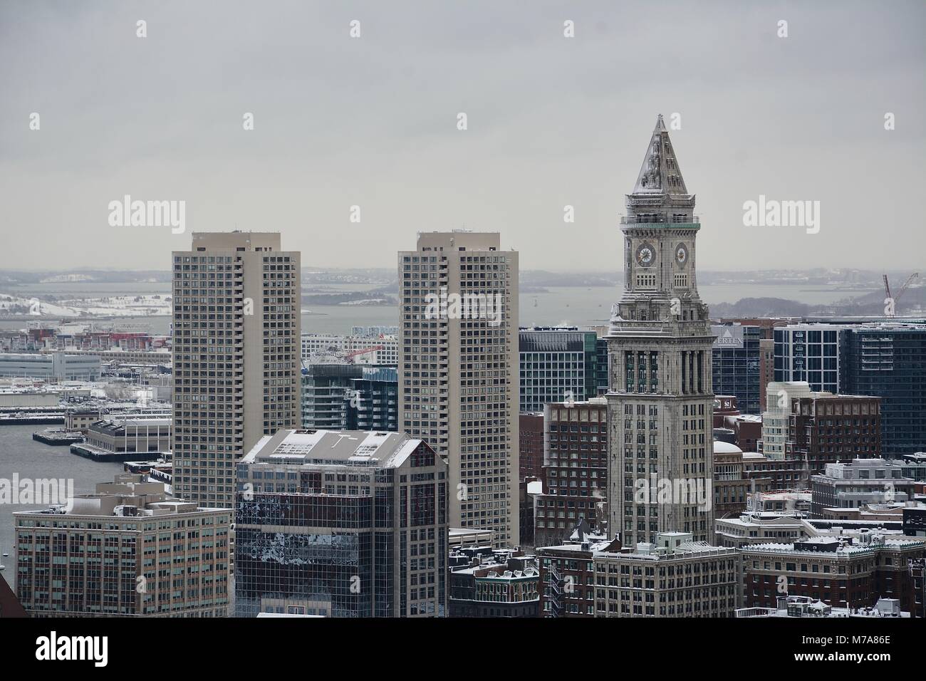A snow covered Boston seen from above after a Winter Nor'Easter. Boston ...