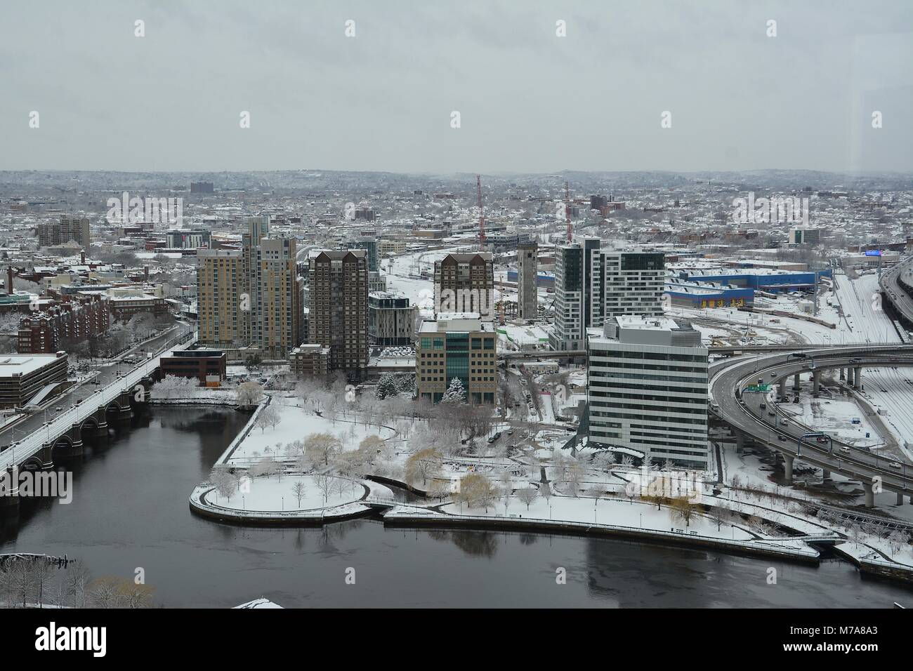 A snow covered Boston seen from above after a Winter Nor'Easter. Boston ...