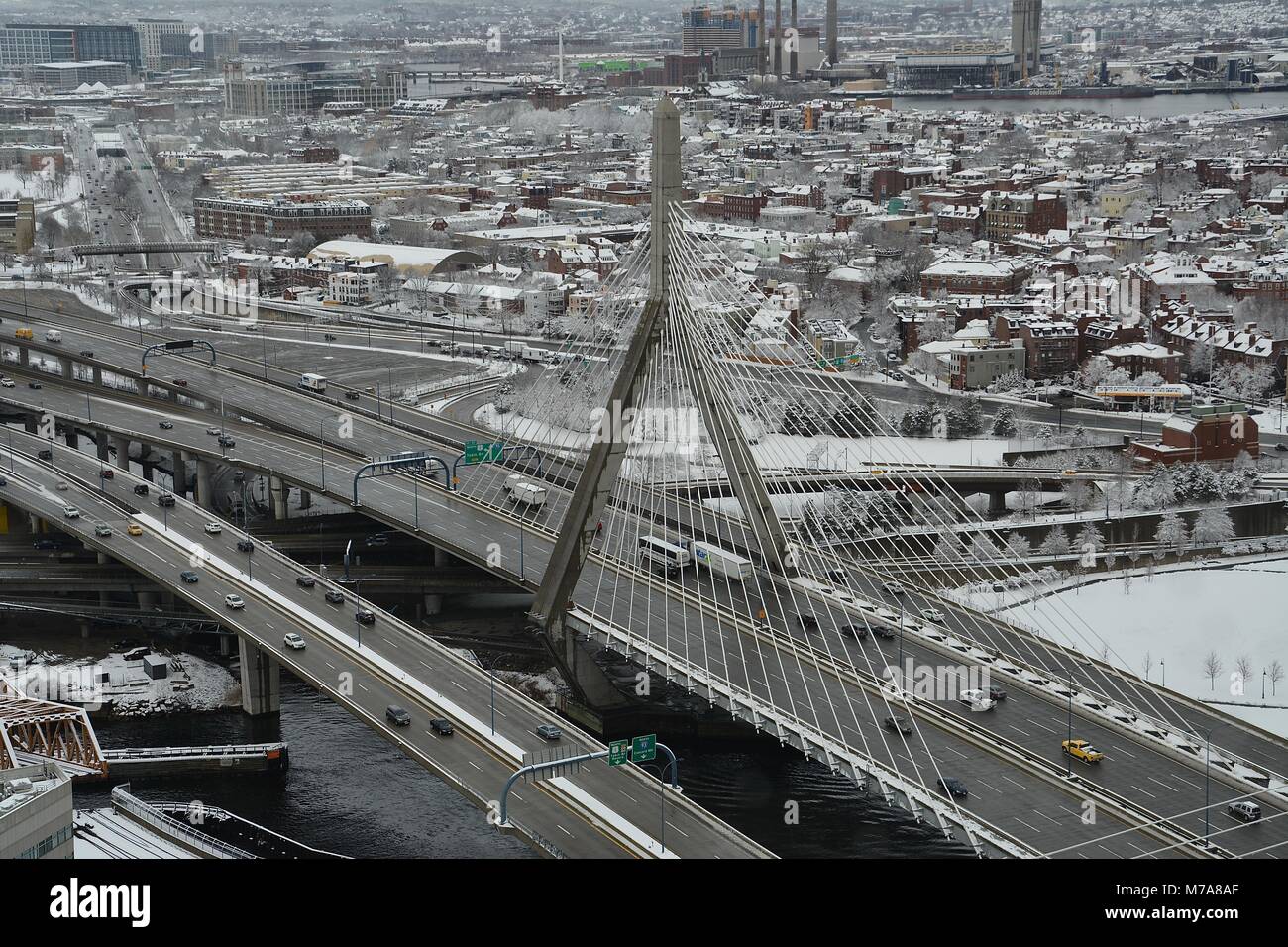 The Zakim Bridge connecting Boston and Charlestown in the snow Stock ...