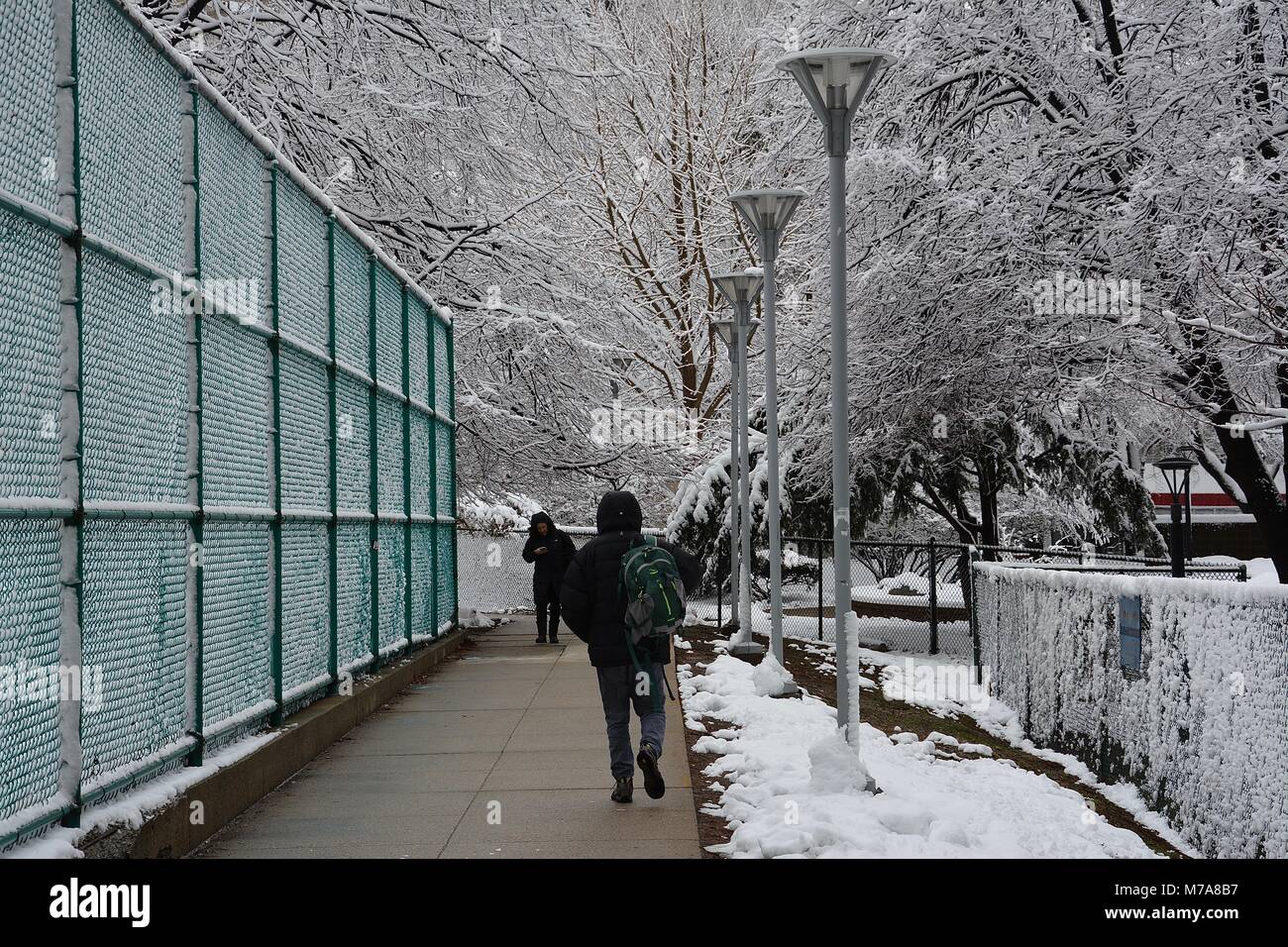 A snow covered Downtown Boston seen after a winter storm. Massachusetts ...