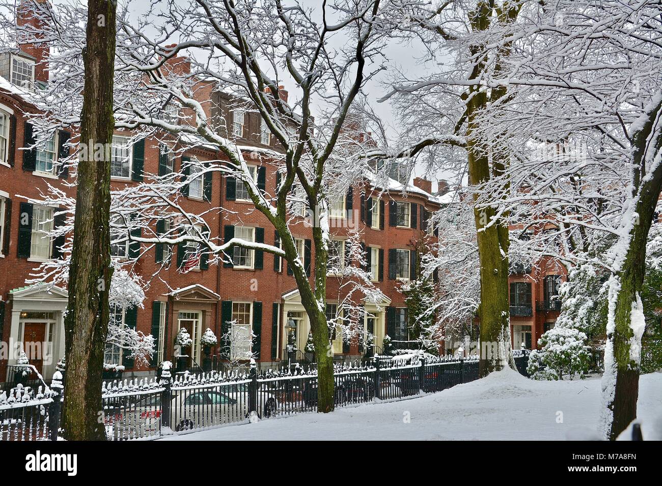 Victorian brick row houses and cast iron fences on Beacon Hill ...