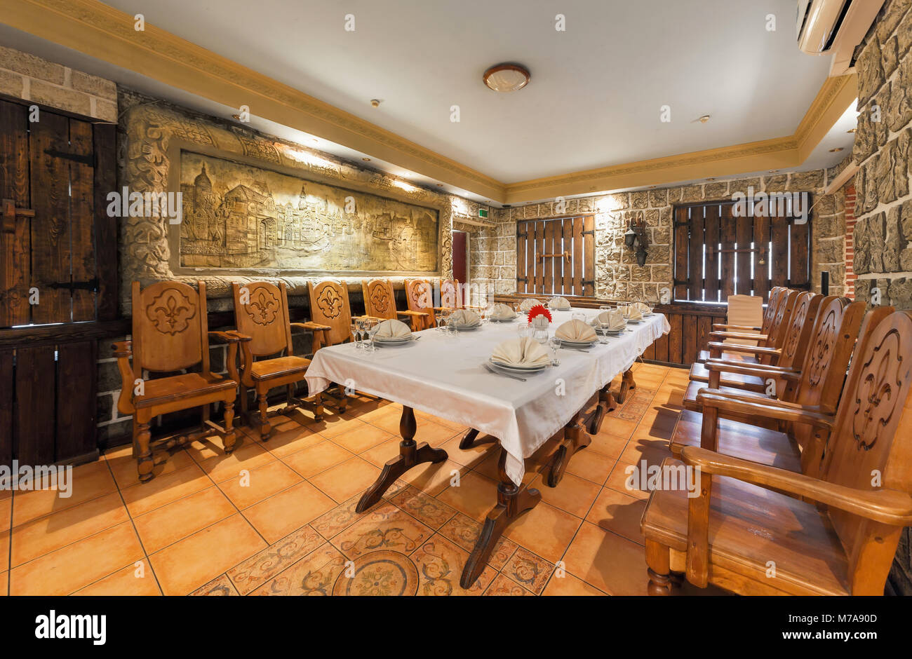 MOSCOW - JULY 2014: Medieval interior of the restaurant Caucasian and ...