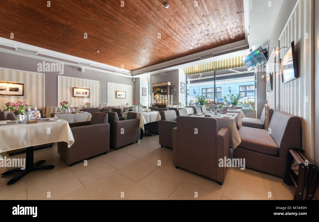 MOSCOW - JULY 2014: Interior of the modern Italian cafe "DE MARCO". The ...