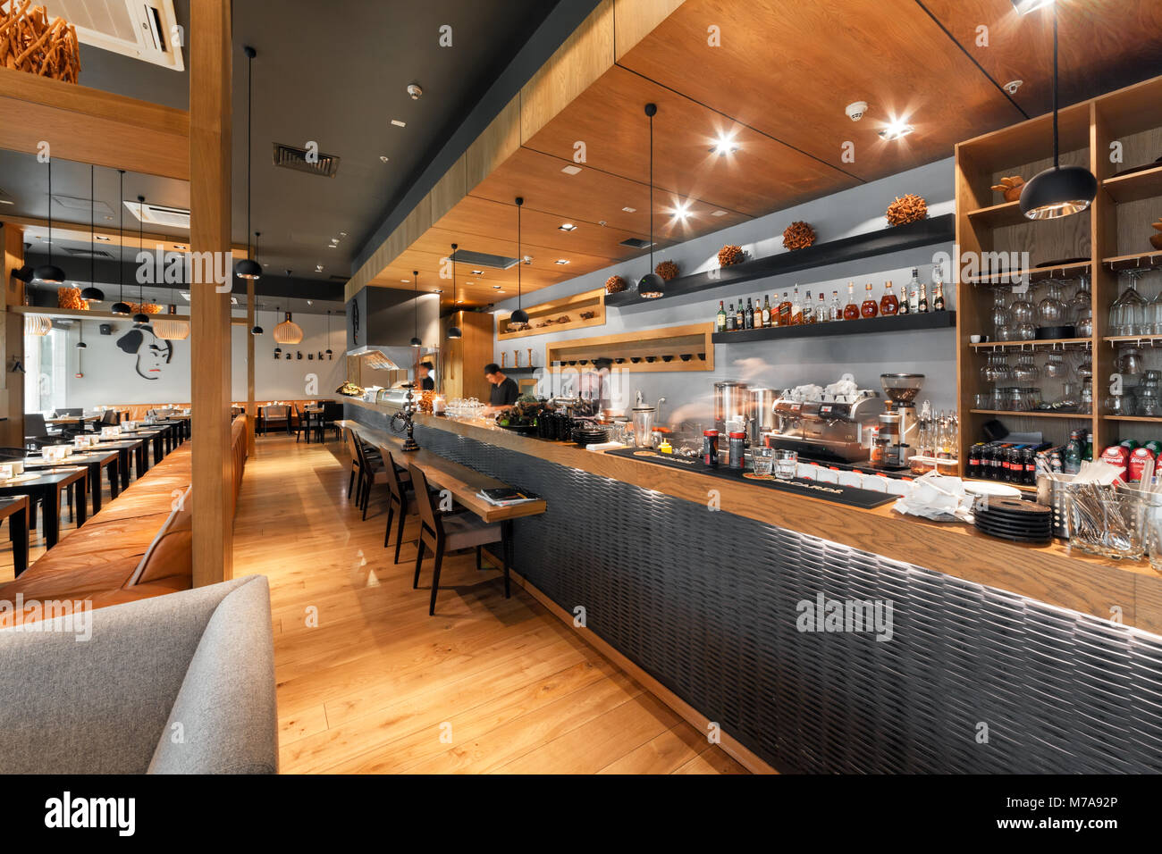MOSCOW - AUGUST 2014: Interior of a Japanese restaurant bar and lounge ...
