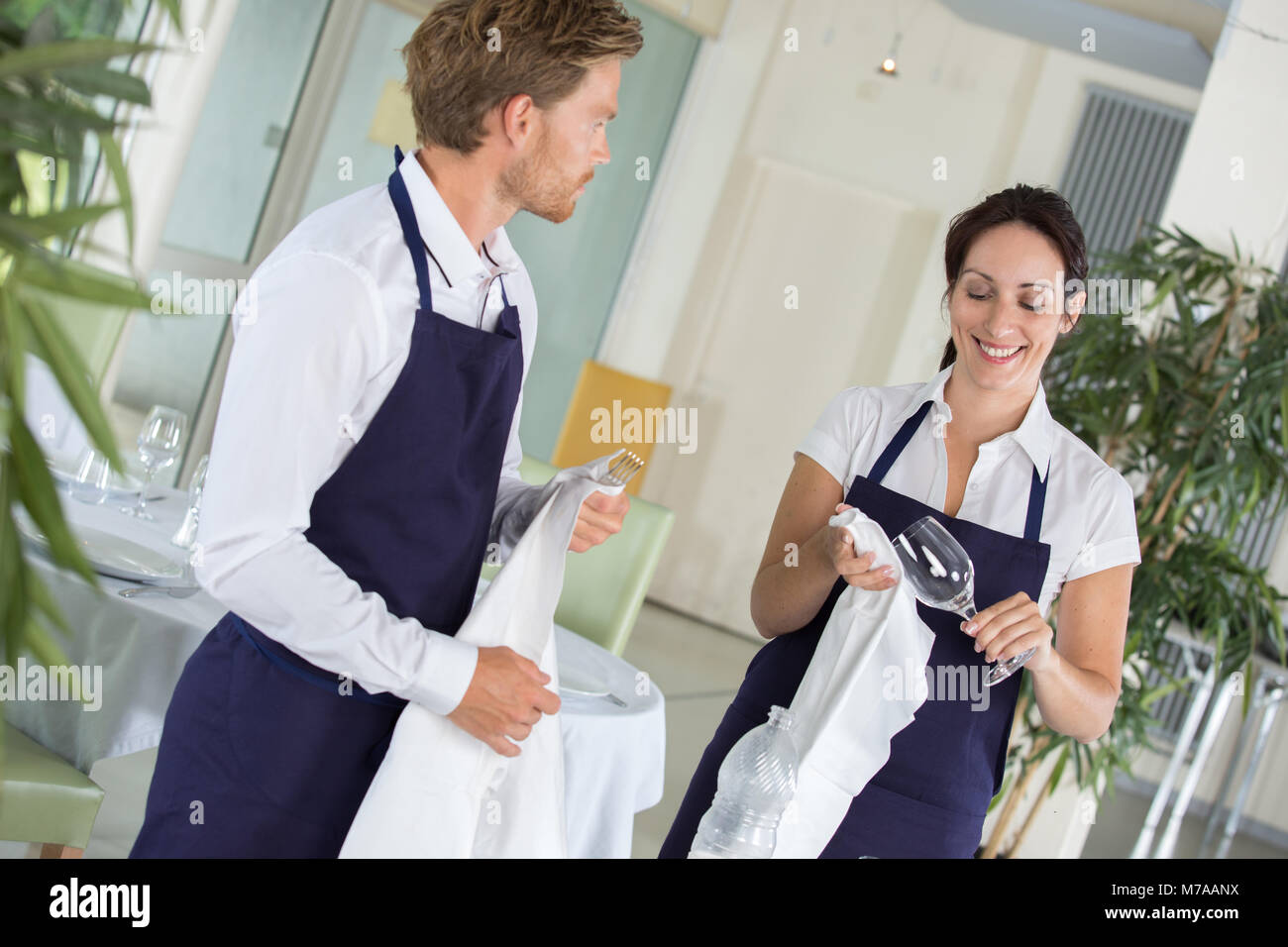 waiter and waitress drying glasses in the restaurant Stock Photo - Alamy