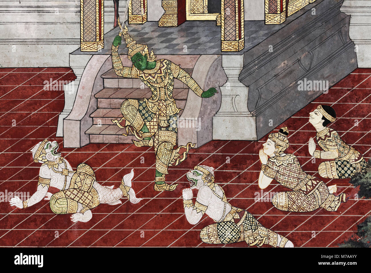 King Rama and Monkey Warrior, walls from Ramakia, Wat Phra Kaeo, Ko ...