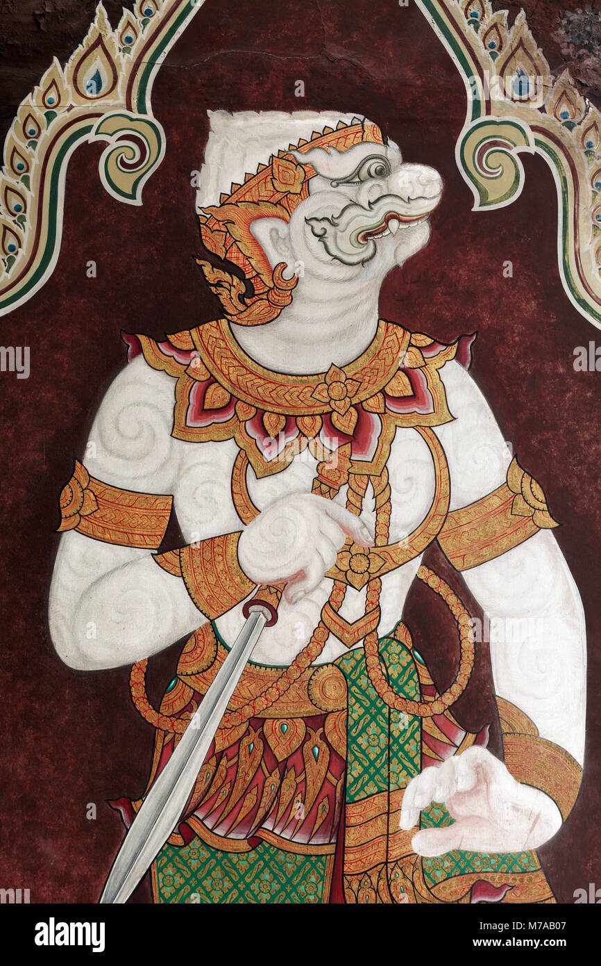 Hanuman, figure from Ramakia, wall painting in Wat Phra Kaeo, Ko ...
