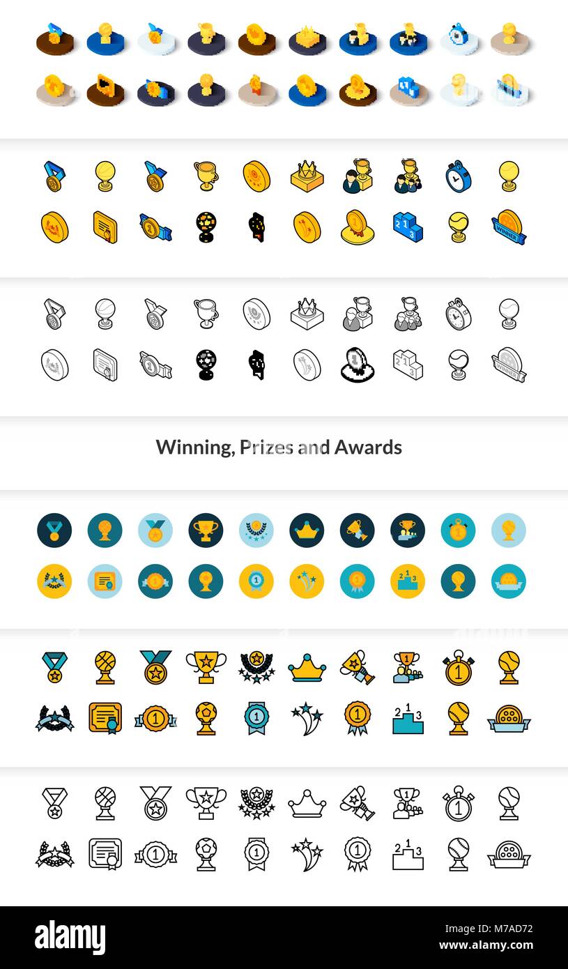 Set of icons in different style - isometric flat and otline, colored ...