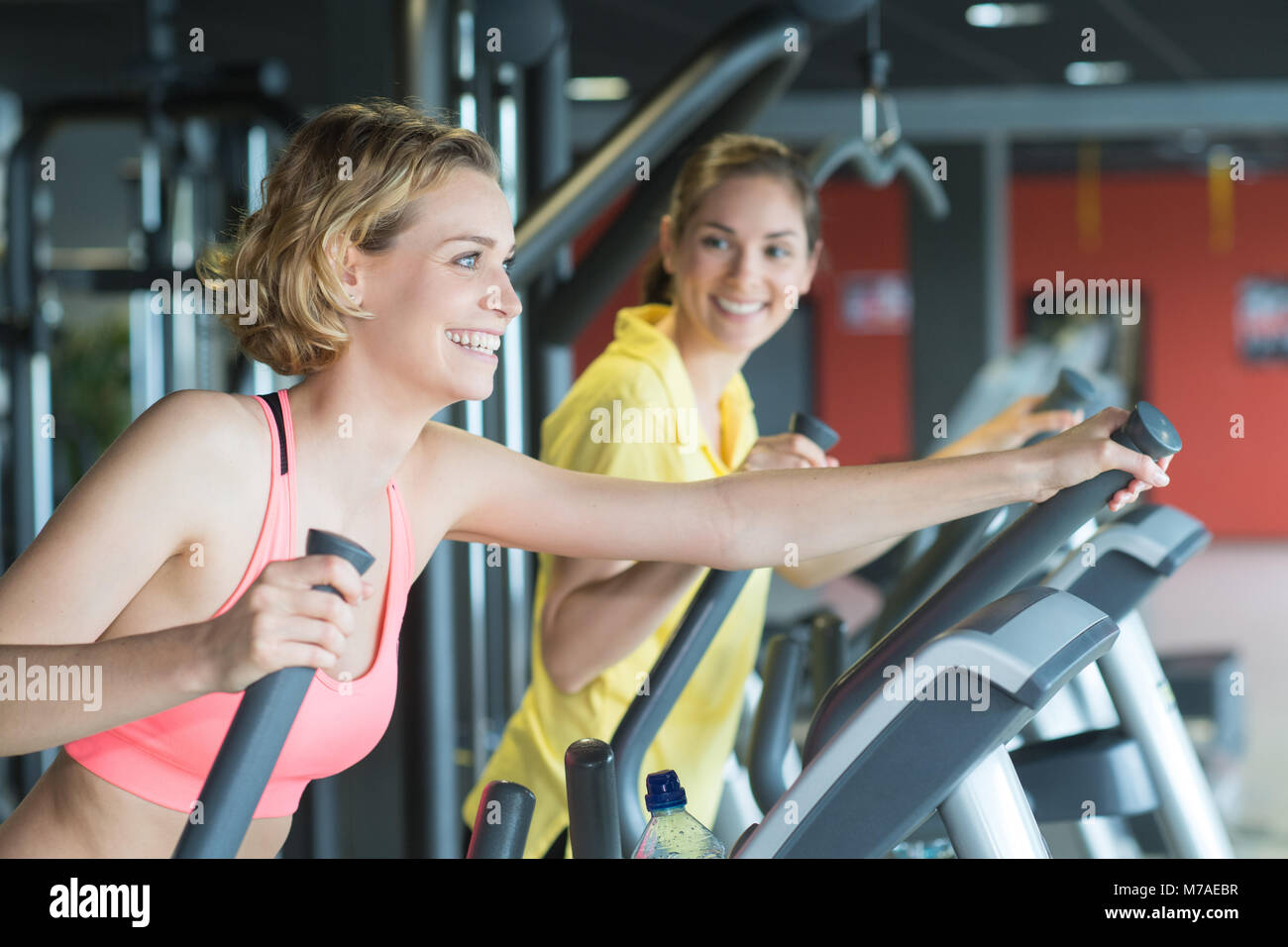 personal trainer with female gym client Stock Photo - Alamy