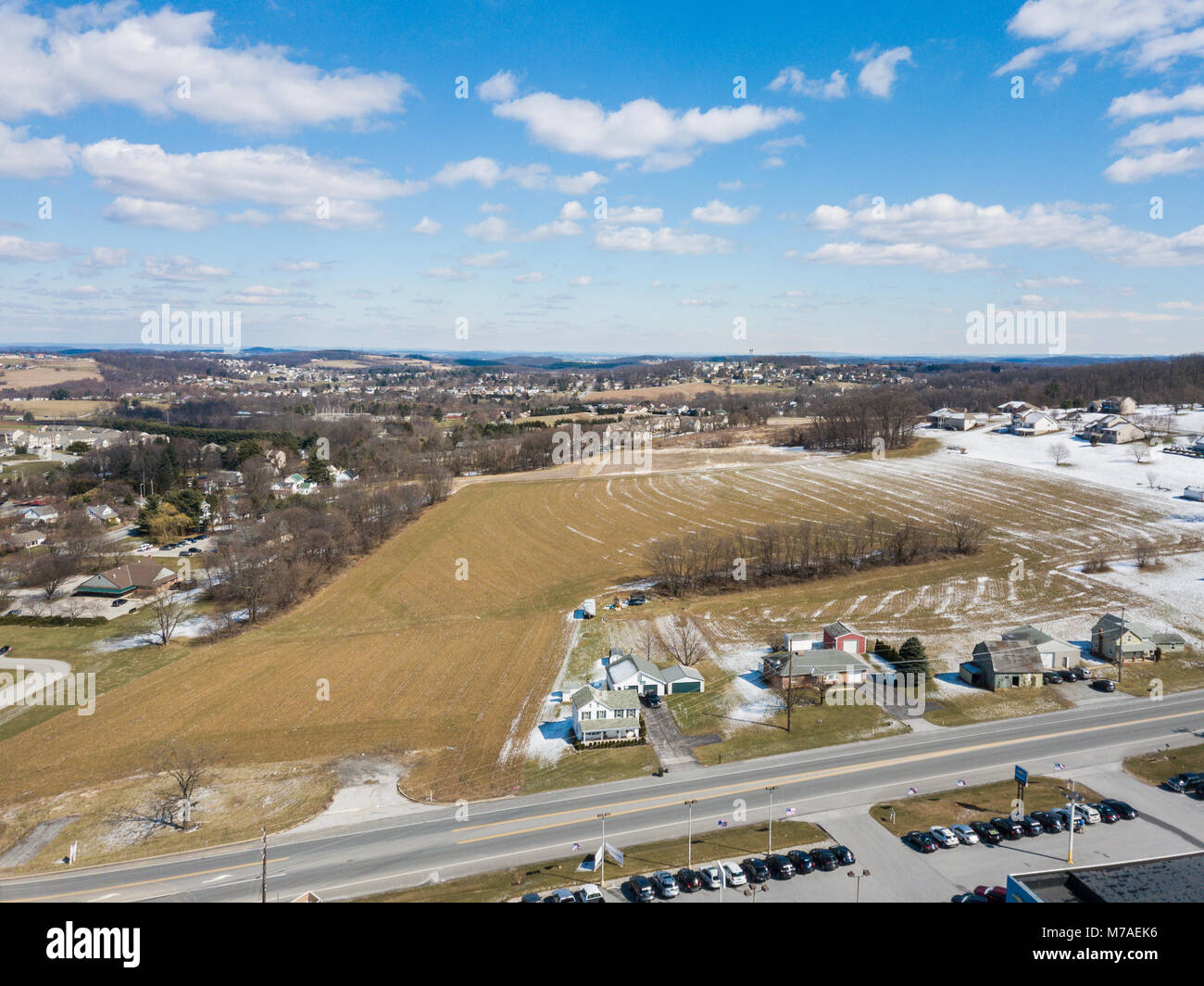 Aerial of Rural Farmland and Suburbs in Red Lion, Pennsylvania Stock ...