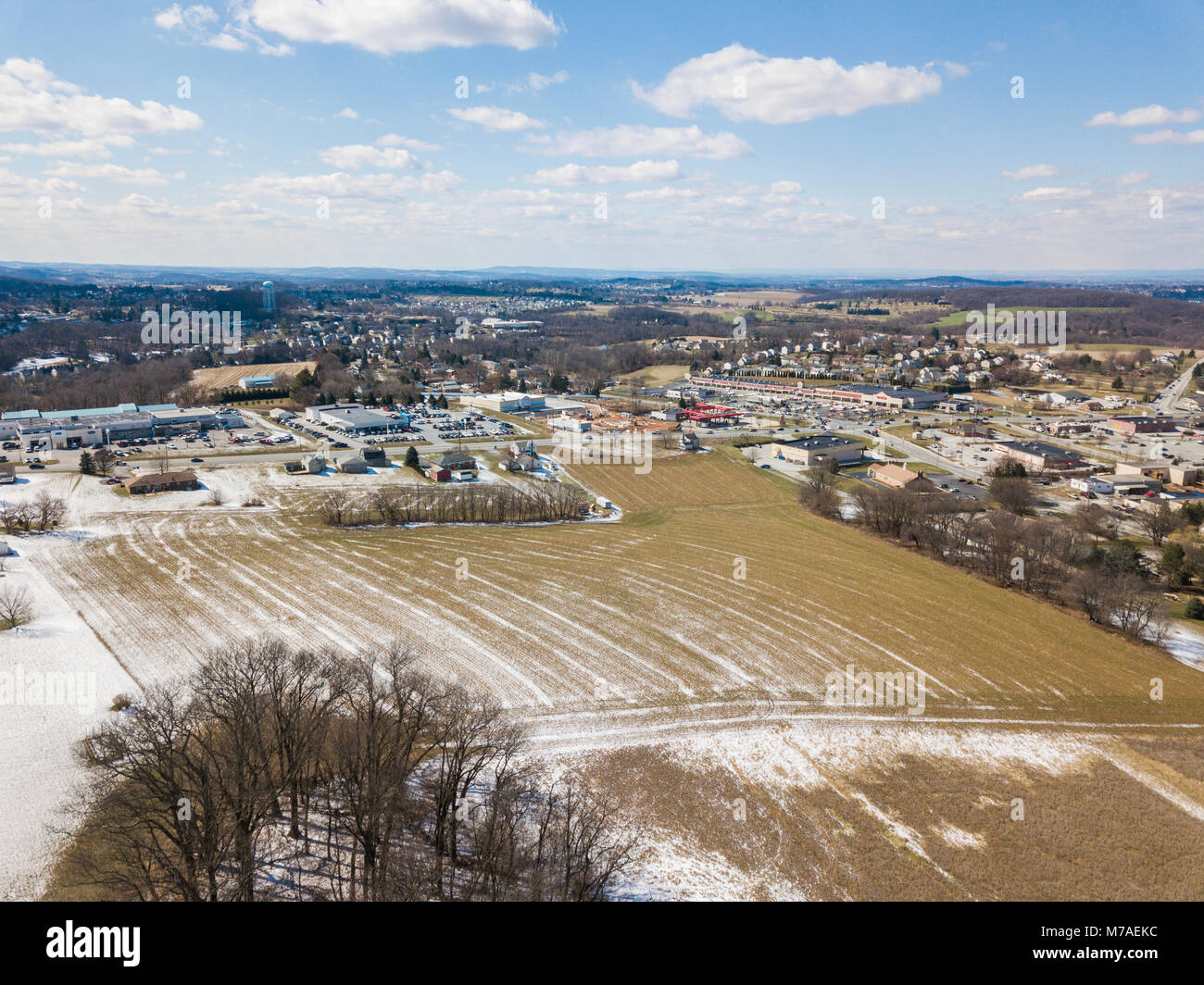 Aerial of Rural Farmland and Suburbs in Red Lion, Pennsylvania Stock ...
