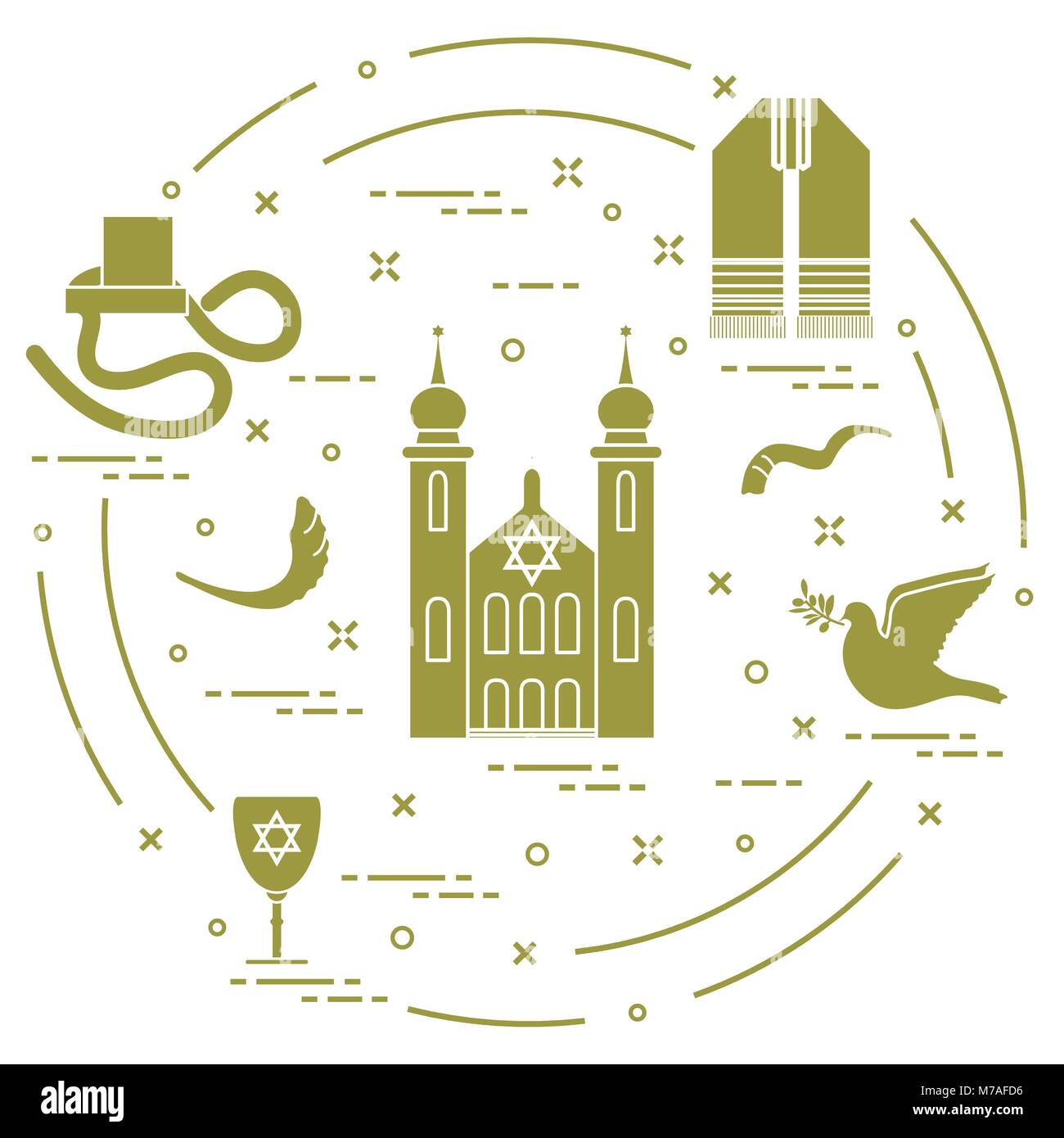 Jewish symbols: tfillin, synagogue, sheep's horn, dove, david's star ...
