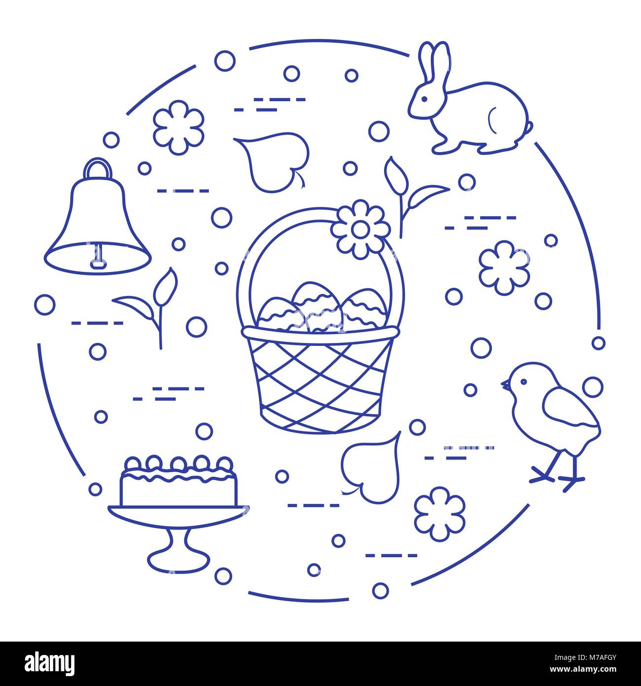 Easter symbols. Simnel cake, basket, eggs, bell, rabbit, chick, flowers ...