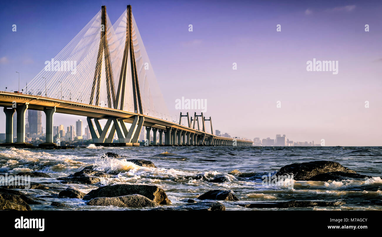 A view of Bandra Worli Sea link in Mumbai, India. It is a cable-stayed ...