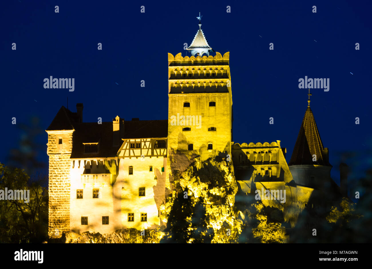 Medieval Bran Castle commonly known as Dracula Castle at night, Romania ...