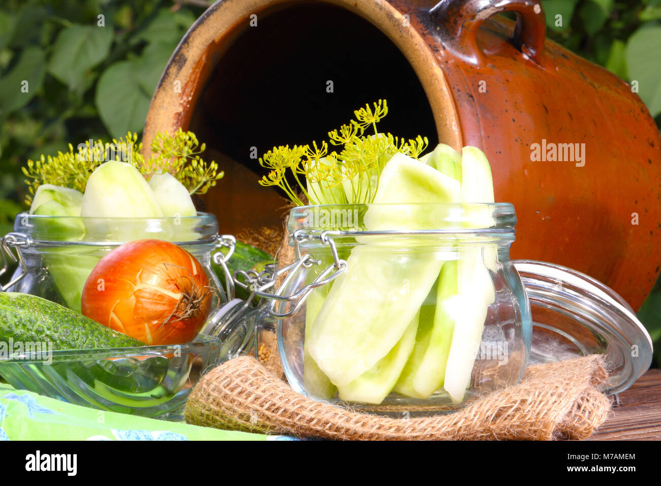 Pickle jars and stoneware pot Stock Photo - Alamy