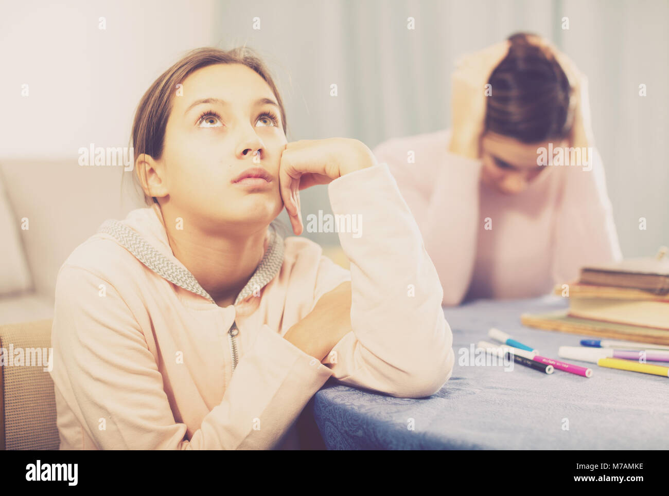Mother seriously talks to daughter about bad progress at school Stock ...