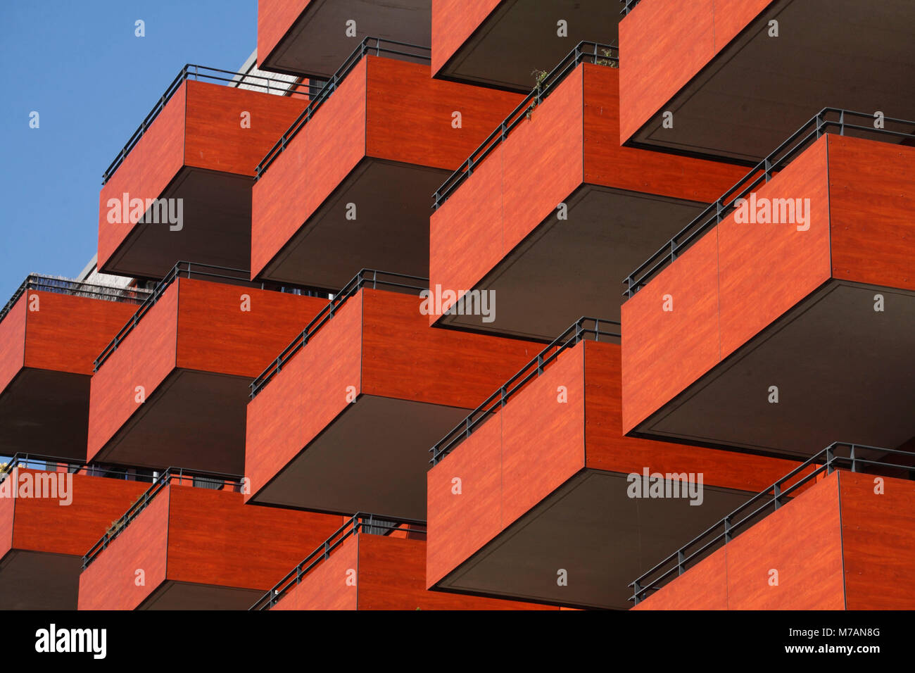 Red balconies, residential buildings, harbour city, Hamburg, Germany ...