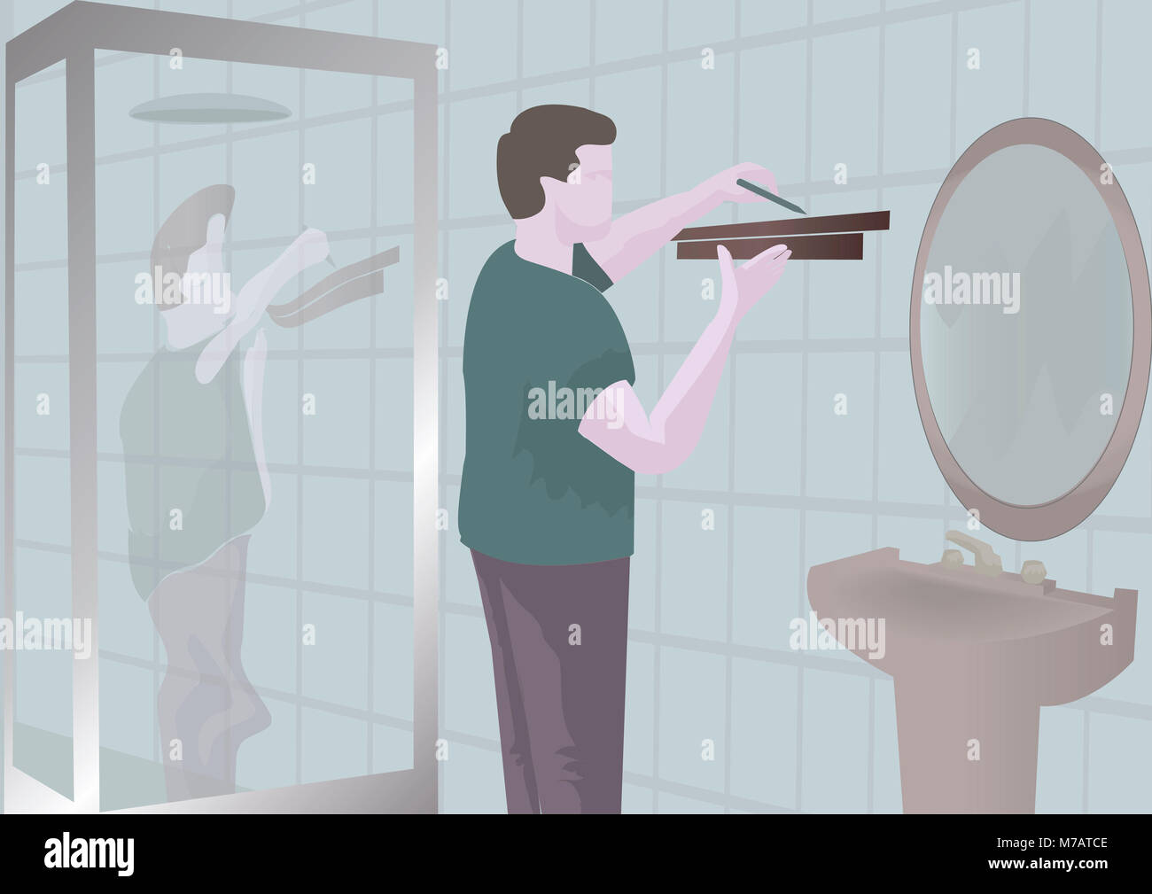 Side profile of male plumber measuring with measuring tool hi-res stock ...