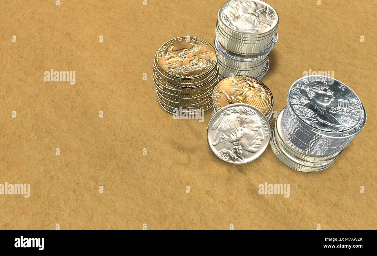 High angle view of stacks of coins Stock Photo - Alamy