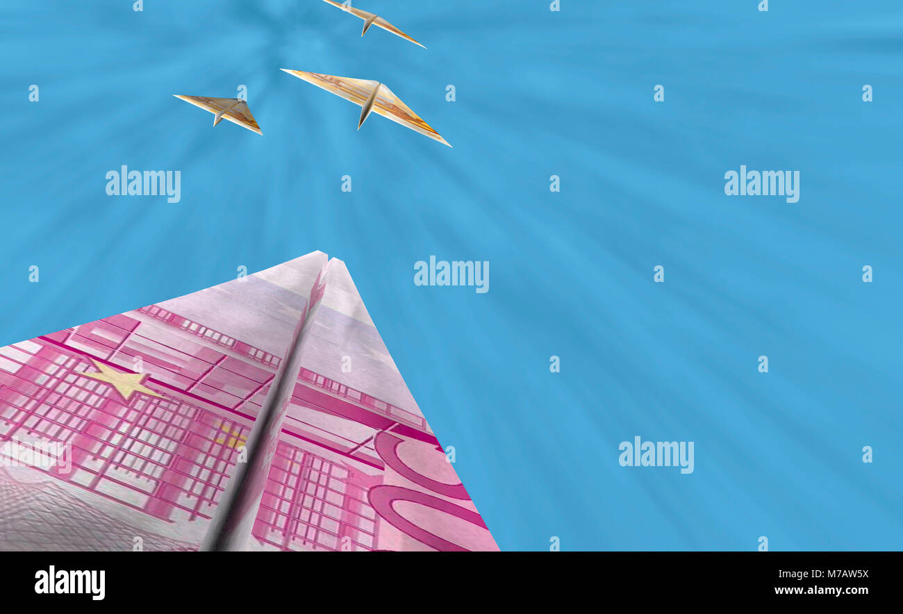 Bank notes in the shape of airplanes flying in the sky Stock Photo - Alamy