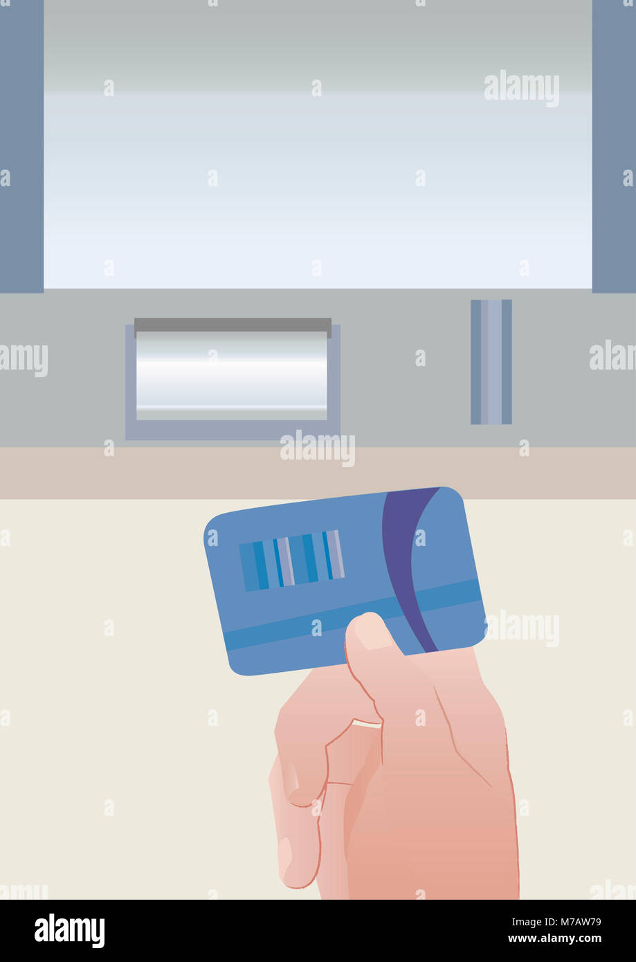 Person's hand holding an ATM card in front of an ATM machine Stock ...
