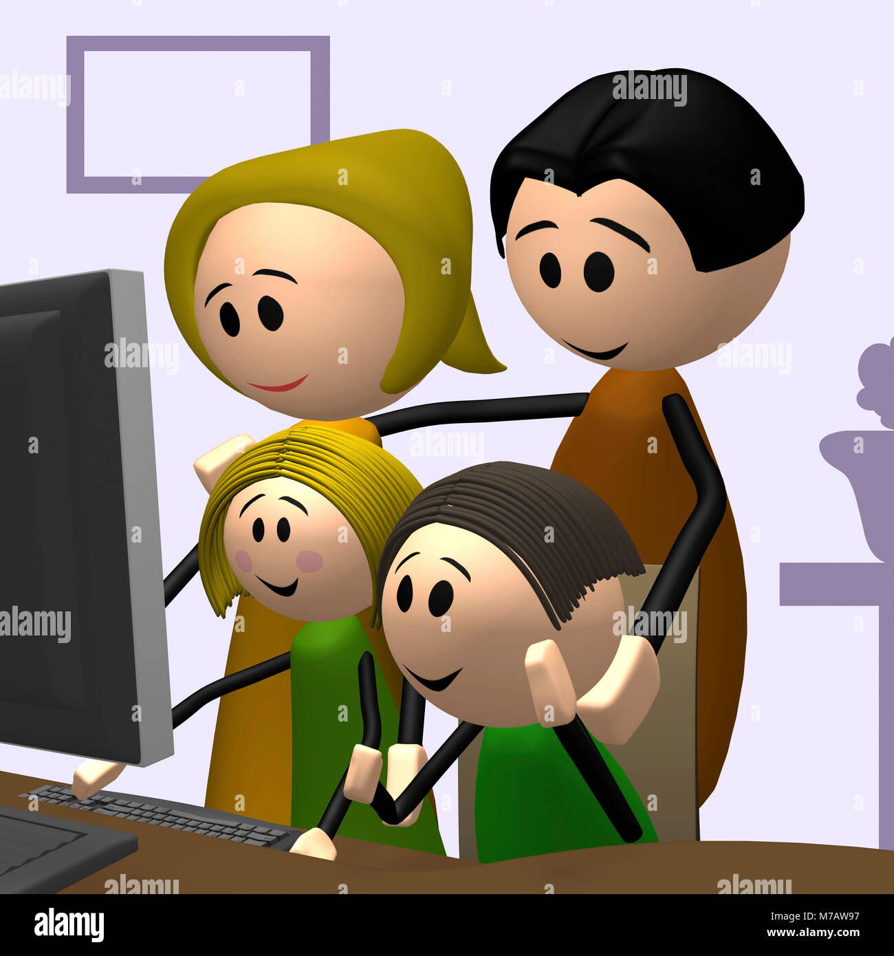 Parents and their children in front of a computer Stock Photo - Alamy
