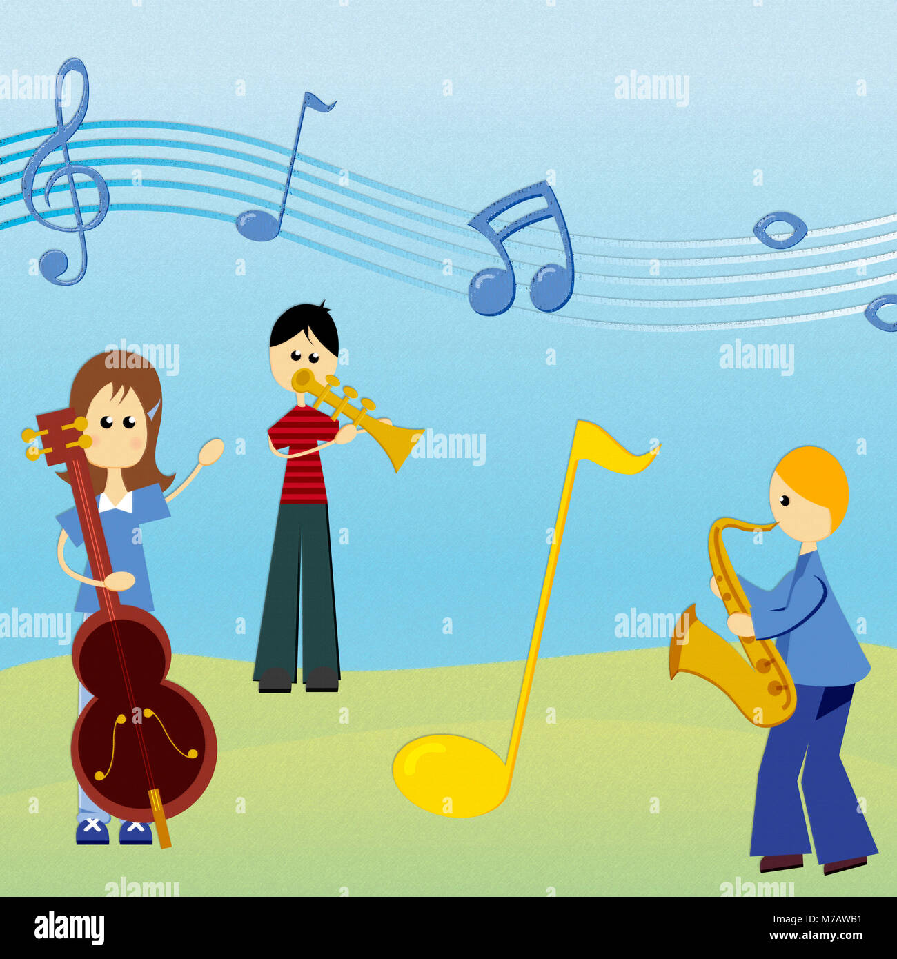 Two boys and a girl playing musical instruments Stock Photo - Alamy