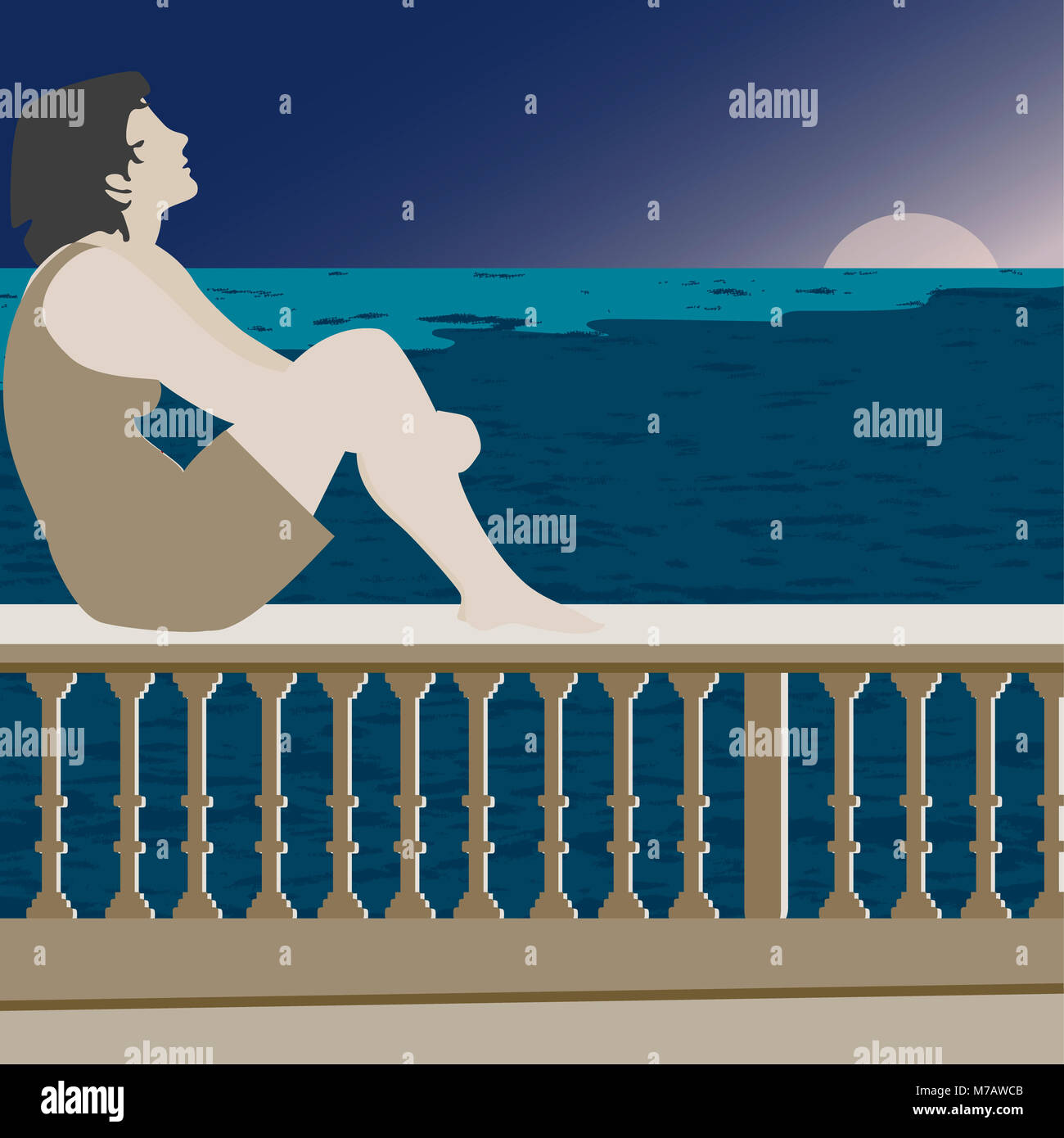 Side profile of a woman sitting on a railing Stock Photo - Alamy