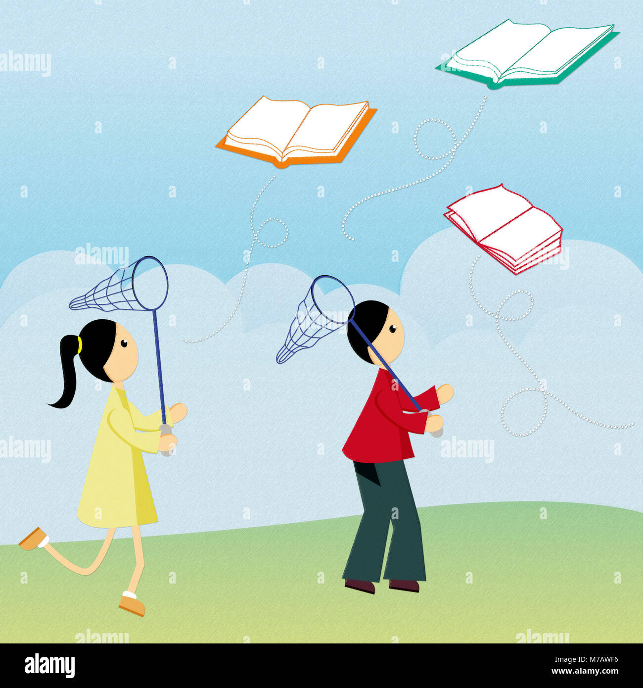 Side profile of a boy and a girl catching books with butterfly nets ...