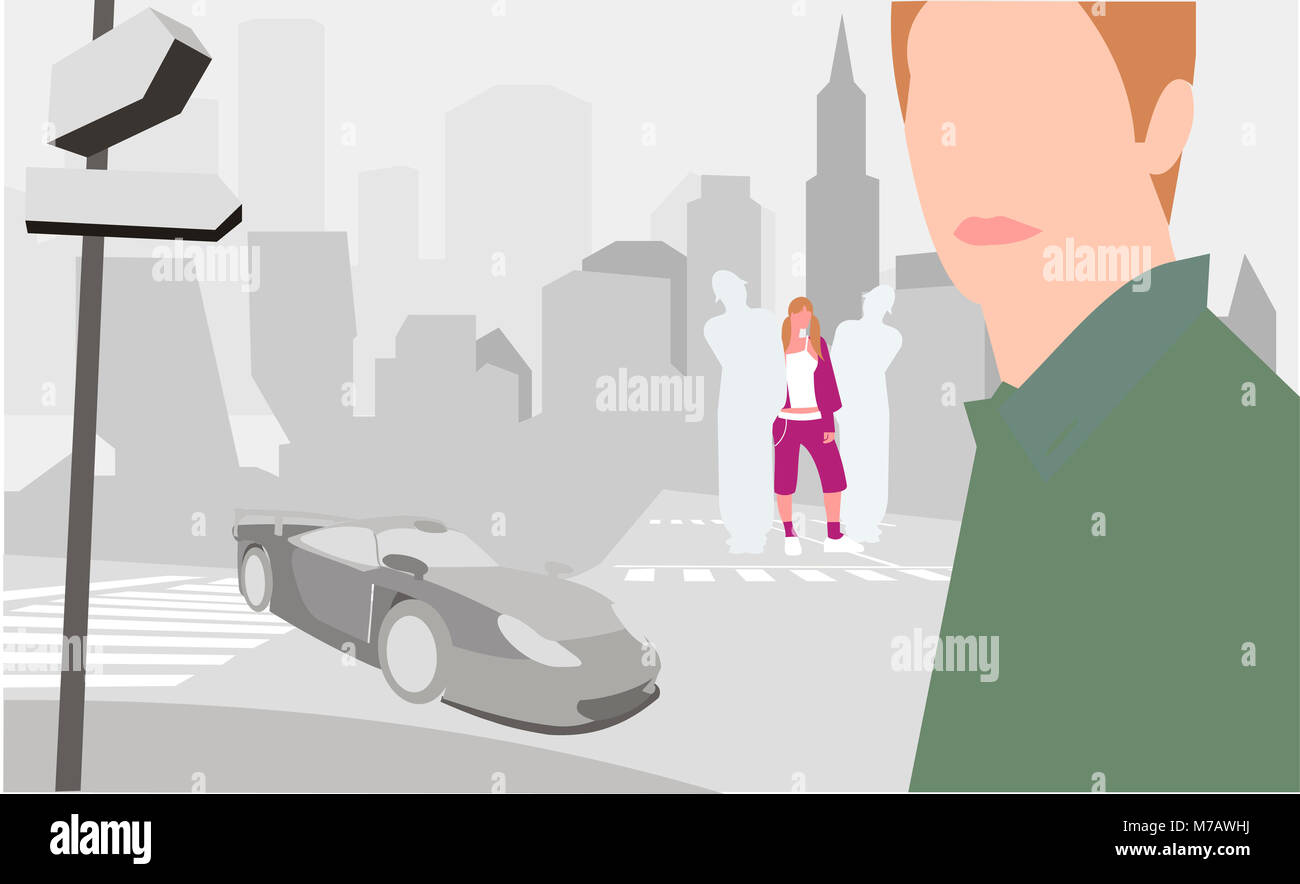 Side profile of a man standing on the street with a woman standing ...