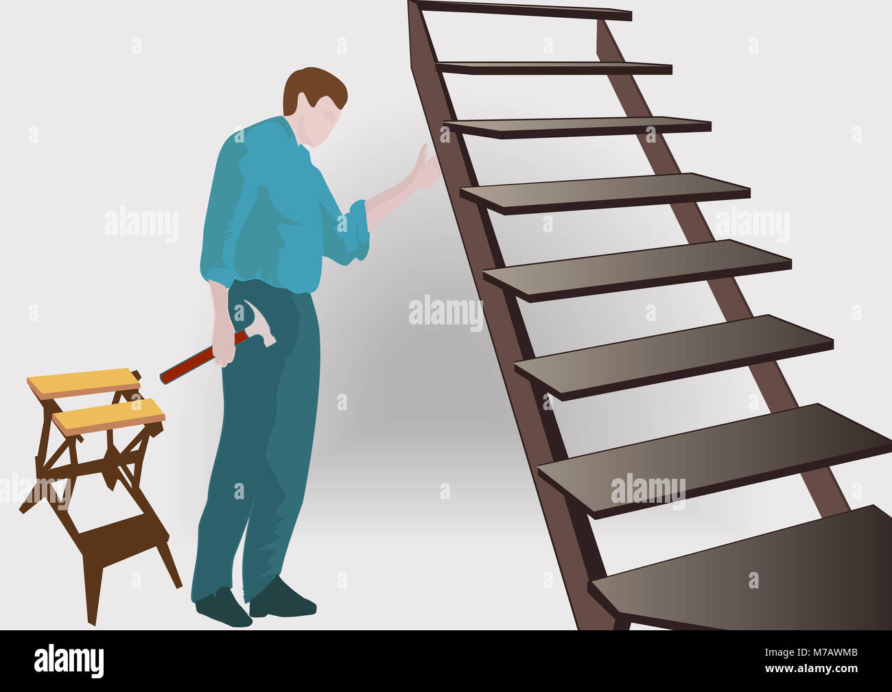 Side profile of a carpenter repairing a staircase hi-res stock ...