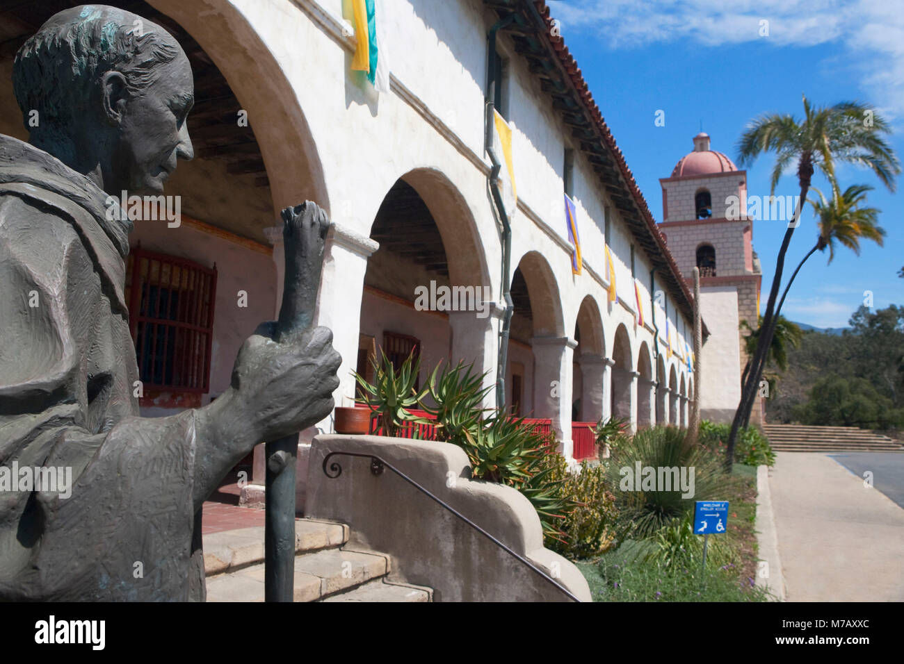 Statue in front of a church, Mission Santa Barbara, Santa Barbara ...