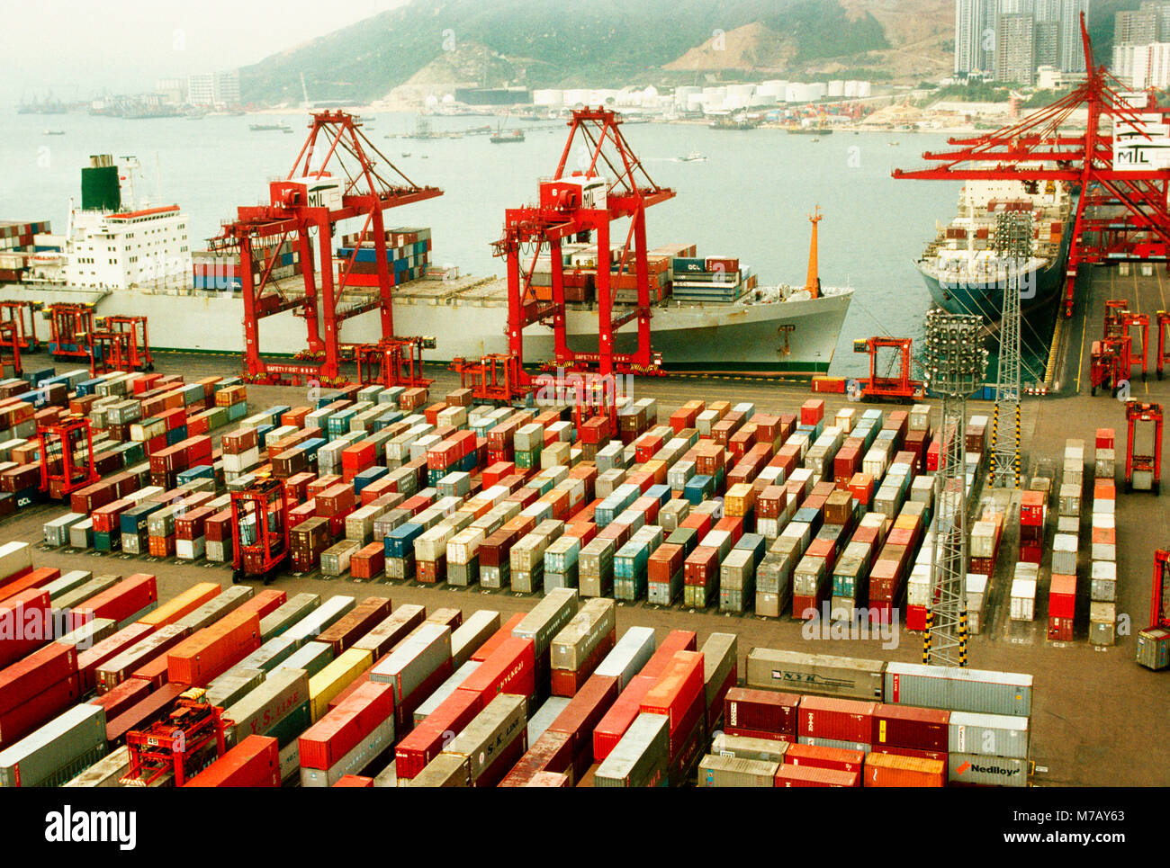 High angle view of cargo containers at a port, Hong Kong, China Stock ...