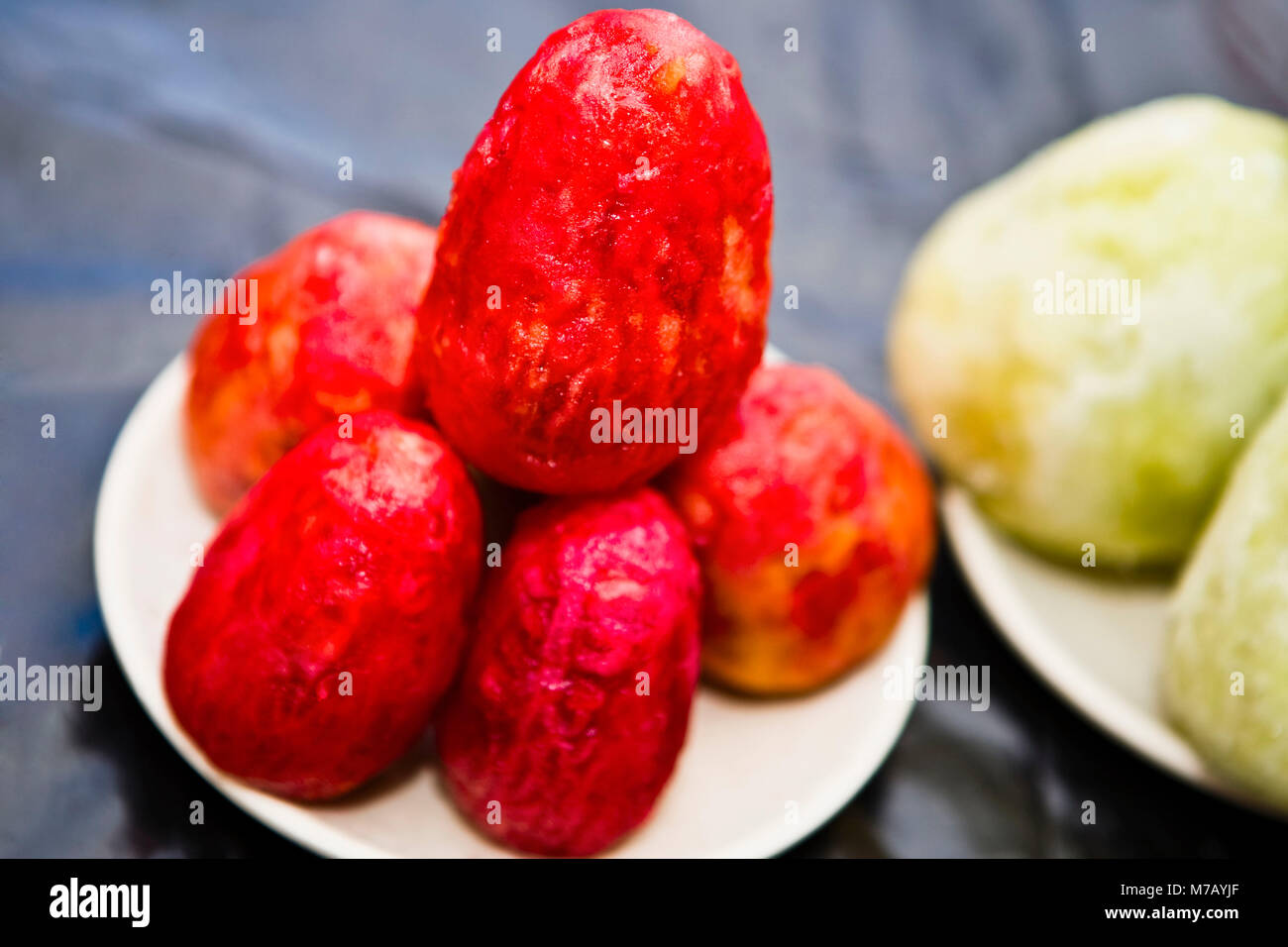 Close-up of prickly pears at a market stall, Zacatecas State, Mexico ...