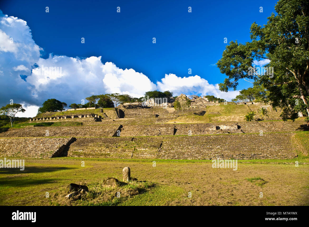 Old ruins of a building on a landscape, Tonina, Ocosingo, Chiapas ...