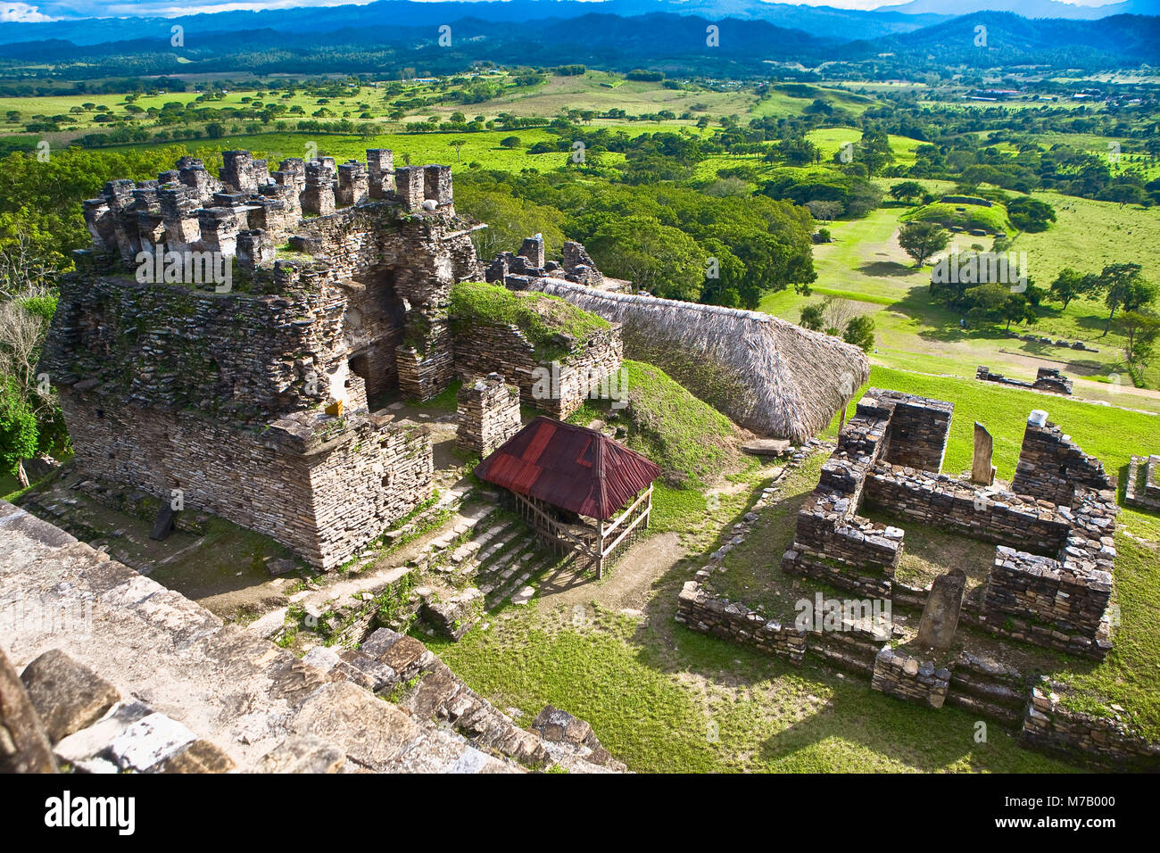 High angle view of old ruins of a building, Tonina, Ocosingo, Chiapas ...