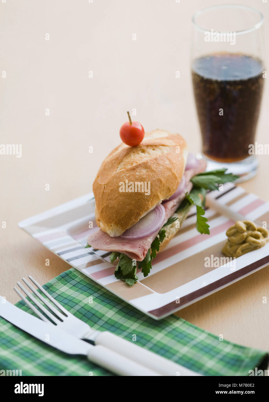 Salami sandwich served with cola Stock Photo - Alamy