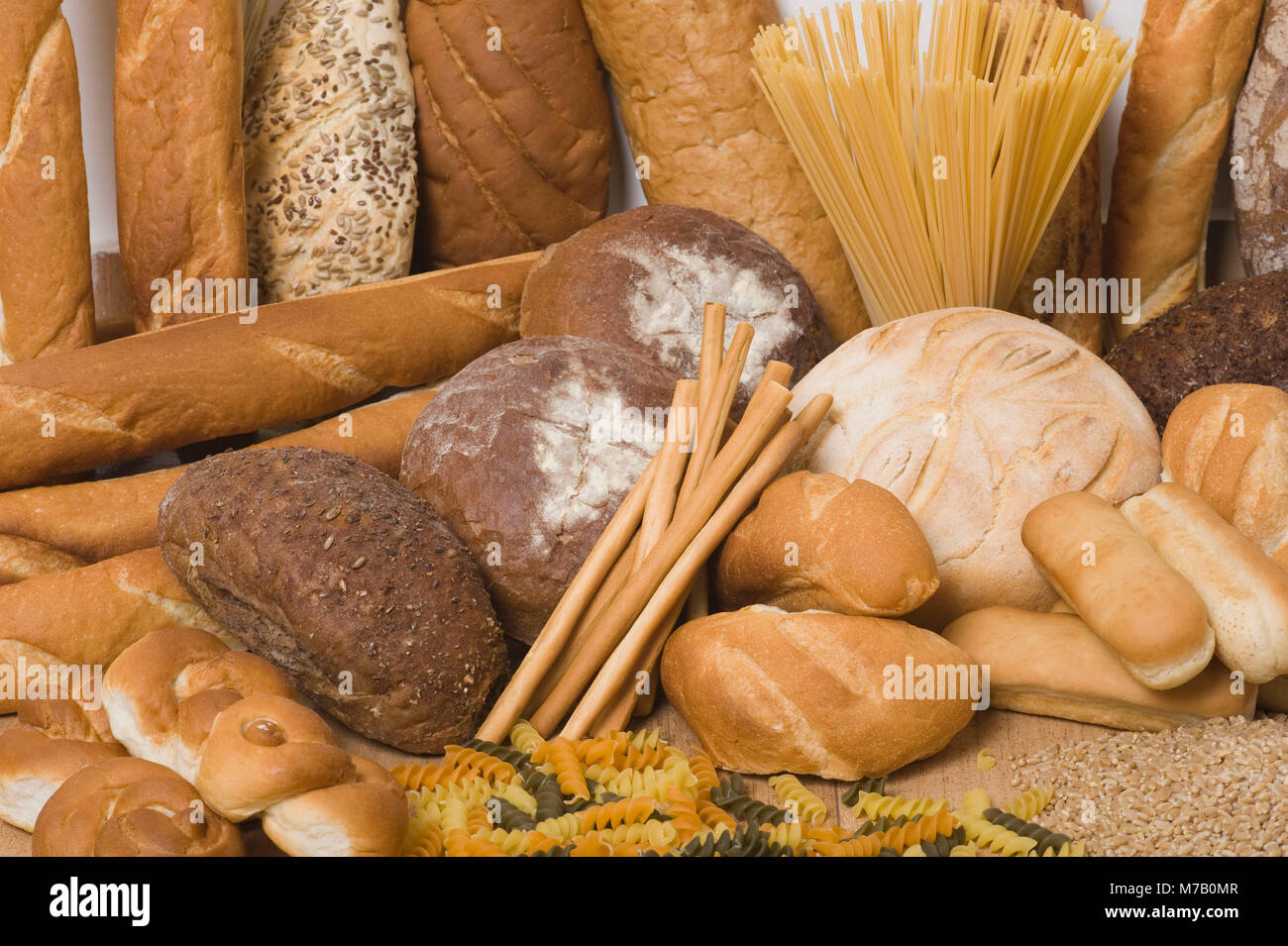 Close-up of pasta and breads Stock Photo - Alamy