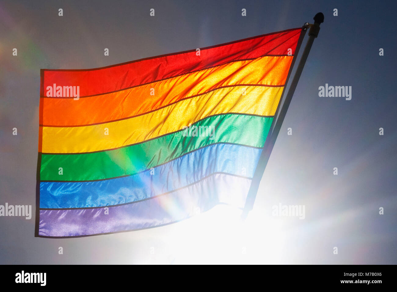 Low angle view of rainbow flag, Duval Street, Key West, Florida Keys ...