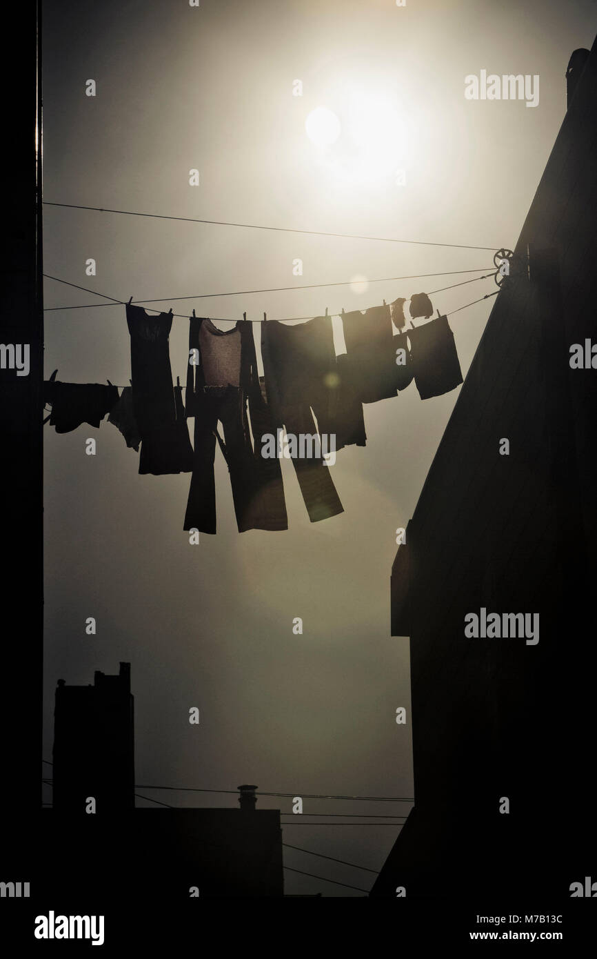 Low angle view of clothes drying on clotheslines, San Francisco ...