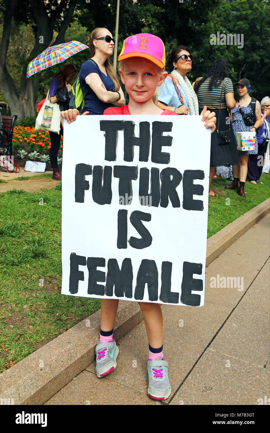 Sydney, Australia. 10th March 2018. A young girl holds a placard, "The ...