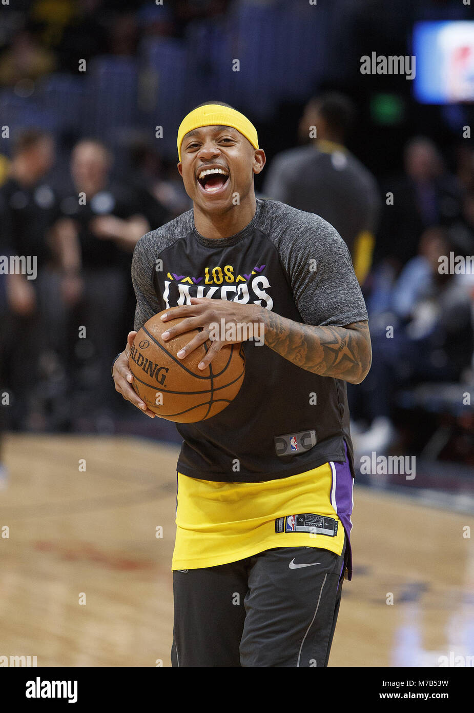 Denver, Colorado, USA. 9th Mar, 2018. Lakers ISAIAH THOMAS laughs it up ...