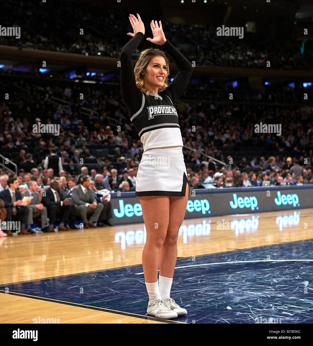 New York, New York, USA. 9th Mar, 2018. A Providence Friars cheerleader ...